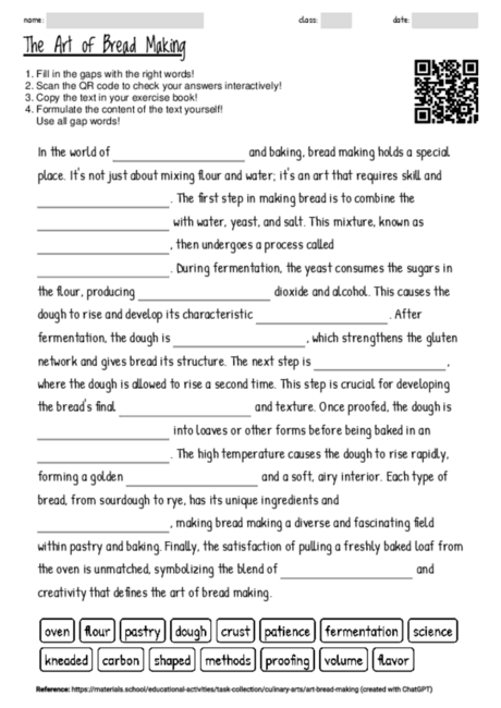 Worksheet with the topic "The Art of Bread Making" | MATERIALS.SCHOOL