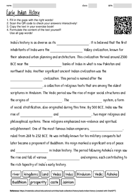 Worksheet with the topic "Early Indian History" | MATERIALS.SCHOOL