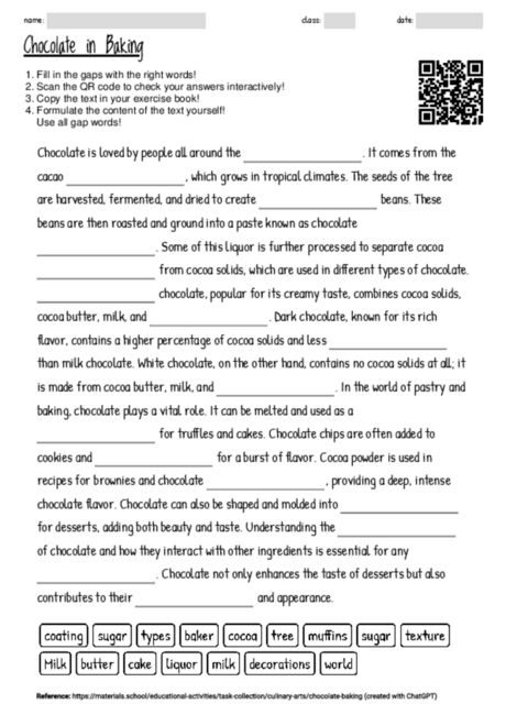 Worksheet with the topic "Chocolate in Baking" | MATERIALS.SCHOOL