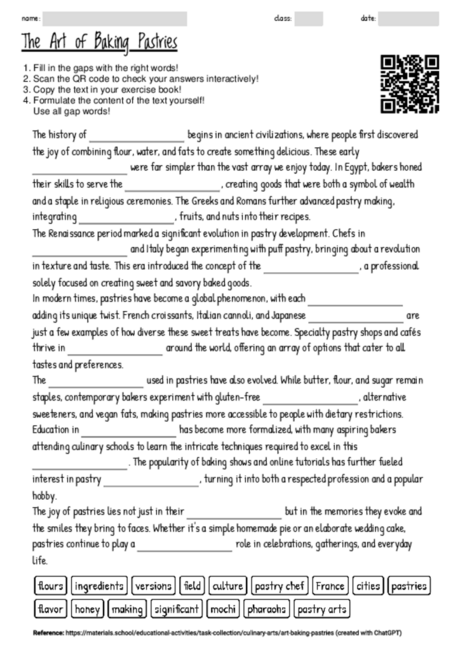 Worksheet with the topic "The Art of Baking Pastries" | MATERIALS.SCHOOL
