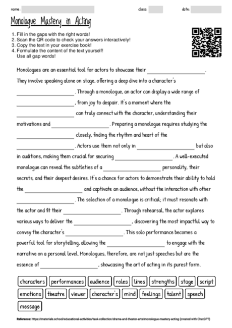 Worksheet with the topic "Monologue Mastery in Acting" | MATERIALS.SCHOOL
