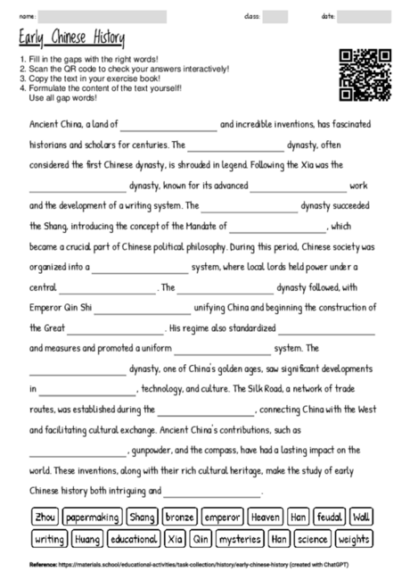 Worksheet with the topic "Early Chinese History" | MATERIALS.SCHOOL