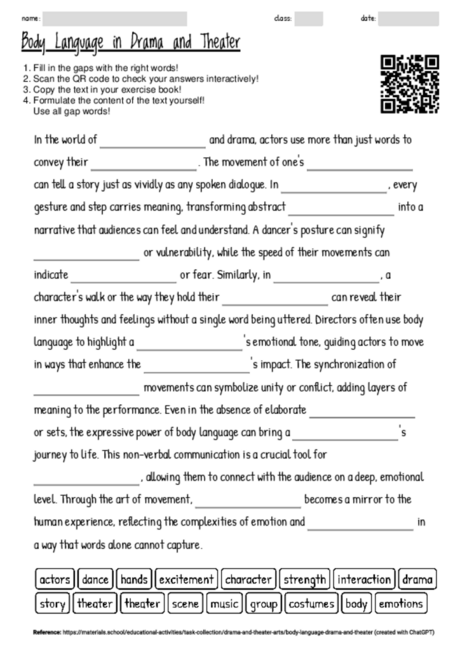 Worksheet with the topic "Body Language in Drama and Theater ...