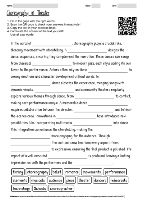 Worksheet with the topic "Choreography in Theater" | MATERIALS.SCHOOL