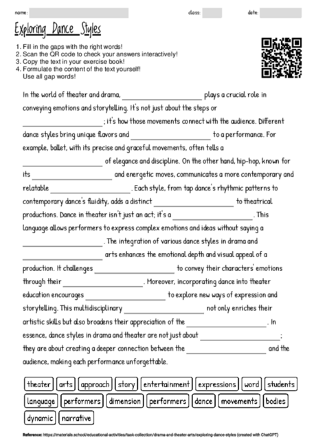 Worksheet with the topic "Exploring Dance Styles" | MATERIALS.SCHOOL