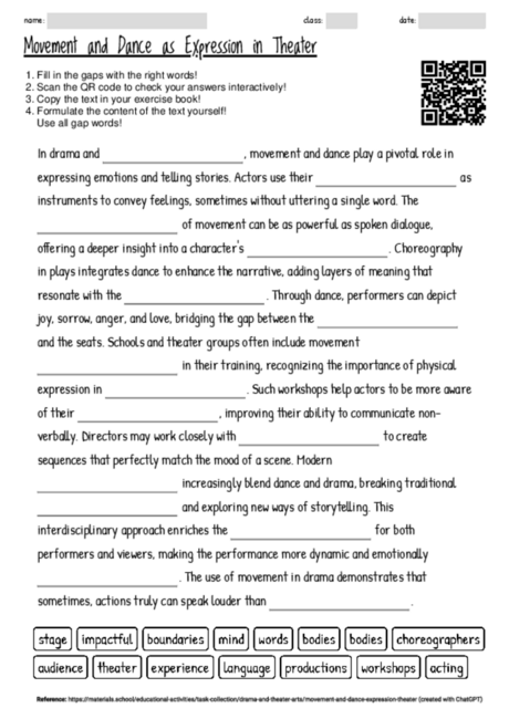 Worksheet with the topic "Movement and Dance as Expression in Theater ...