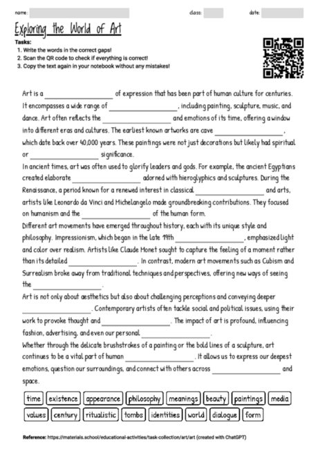 Worksheet with the topic "Art" | MATERIALS.SCHOOL