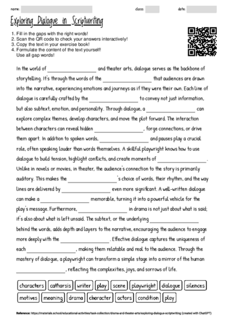 Worksheet with the topic "Exploring Dialogue in Scriptwriting ...