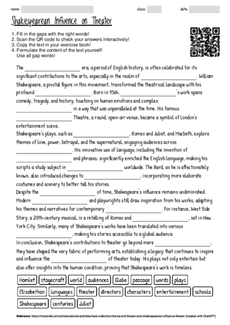 Worksheet with the topic "Shakespearean Influence on Theater ...