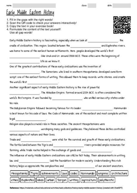 Worksheet with the topic "Early Middle Eastern History" | MATERIALS.SCHOOL
