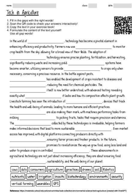 Worksheet with the topic "Tech in Agriculture" | MATERIALS.SCHOOL