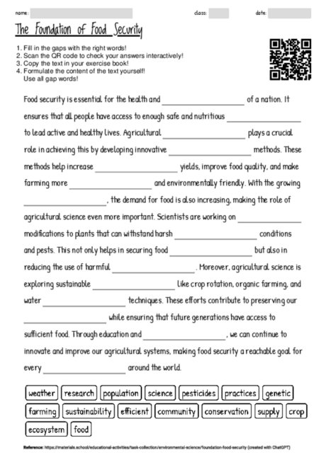 Worksheet with the topic "The Foundation of Food Security" | MATERIALS ...