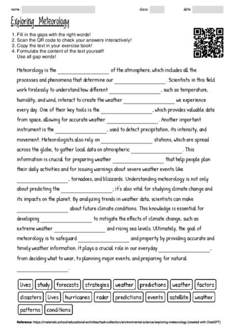 Worksheet with the topic "Exploring Meteorology" | MATERIALS.SCHOOL