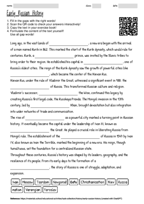 Worksheet with the topic "Early Russian History" | MATERIALS.SCHOOL