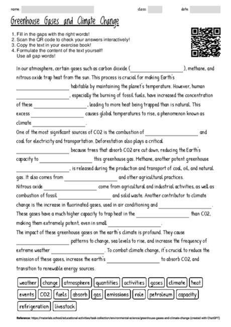Worksheet with the topic "Greenhouse Gases and Climate Change ...
