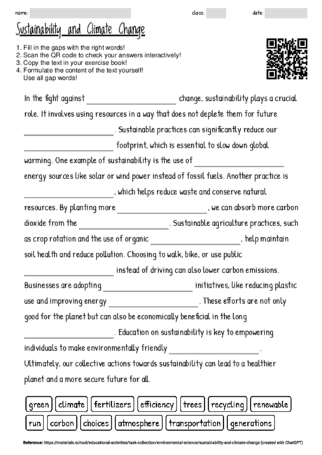 Worksheet with the topic "Sustainability and Climate Change ...