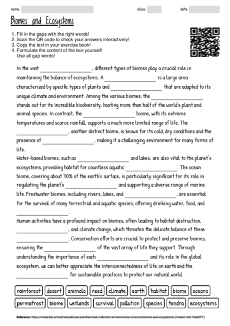 Worksheet with the topic "Biomes and Ecosystems" | MATERIALS.SCHOOL