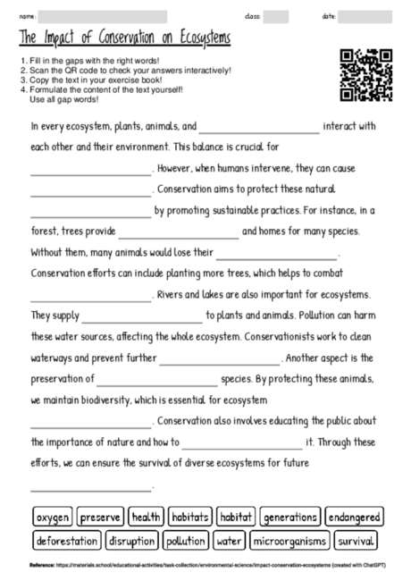 Worksheet with the topic "The Impact of Conservation on Ecosystems ...