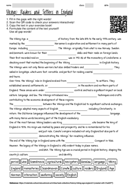 Worksheet with the topic "The Viking Age in England" | MATERIALS.SCHOOL