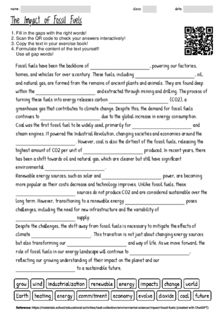 Worksheet with the topic "The Impact of Fossil Fuels" | MATERIALS.SCHOOL