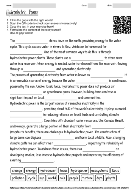 Worksheet with the topic "Hydroelectric Power" | MATERIALS.SCHOOL