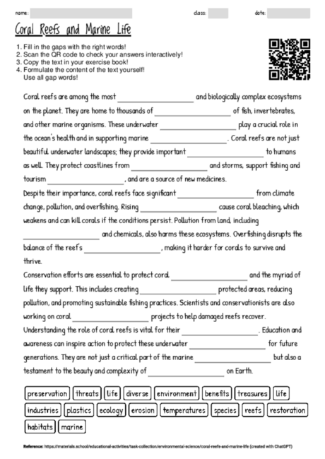 Worksheet with the topic "Coral Reefs and Marine Life" | MATERIALS.SCHOOL