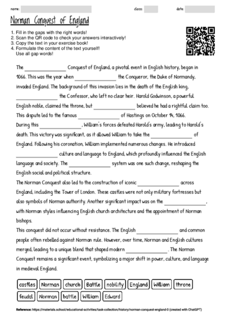 Worksheet with the topic "Norman Conquest of England" | MATERIALS.SCHOOL