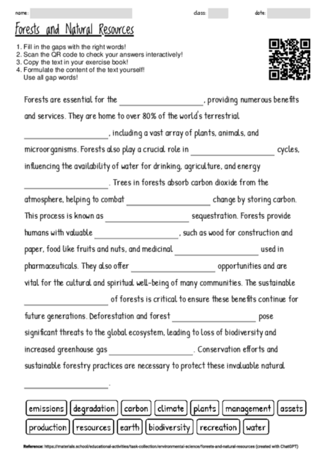 Worksheet with the topic "Forests and Natural Resources" | MATERIALS.SCHOOL