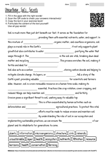 Worksheet with the topic "Unearthing Soil's Secrets" | MATERIALS.SCHOOL