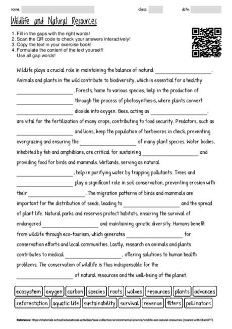 Worksheet with the topic "Wildlife and Natural Resources" | MATERIALS ...