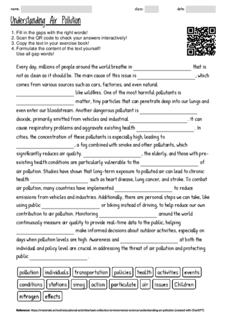 Worksheet with the topic "Understanding Air Pollution" | MATERIALS.SCHOOL