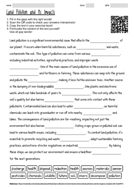 Worksheet with the topic "Land Pollution and Its Impacts" | MATERIALS ...