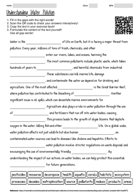 Worksheet with the topic "Understanding Water Pollution" | MATERIALS.SCHOOL