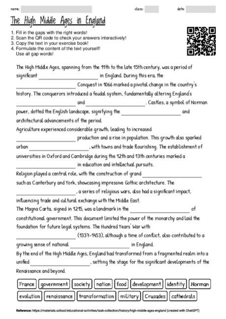Worksheet with the topic "The High Middle Ages in England" | MATERIALS ...