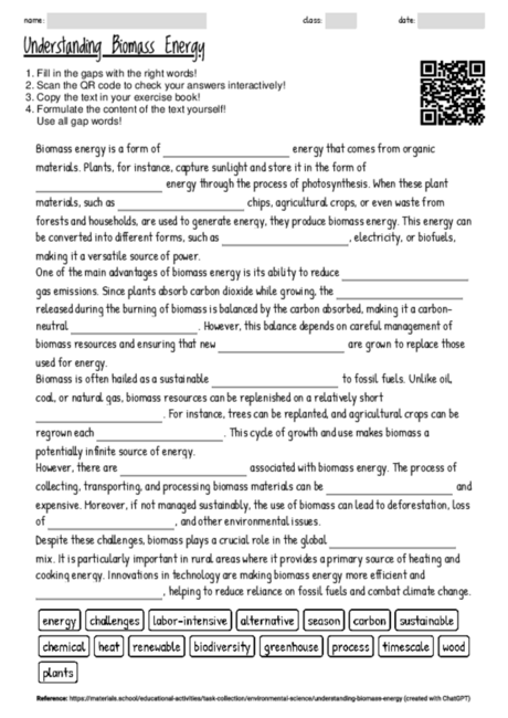 Worksheet with the topic "Understanding Biomass Energy" | MATERIALS.SCHOOL