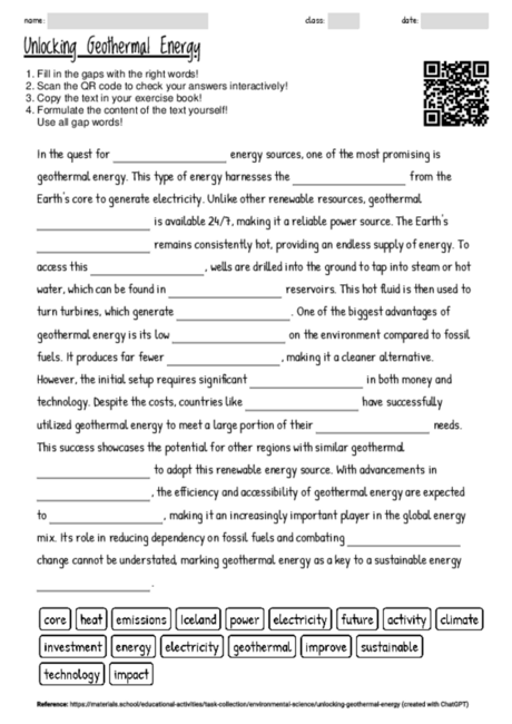 Worksheet with the topic "Unlocking Geothermal Energy" | MATERIALS.SCHOOL