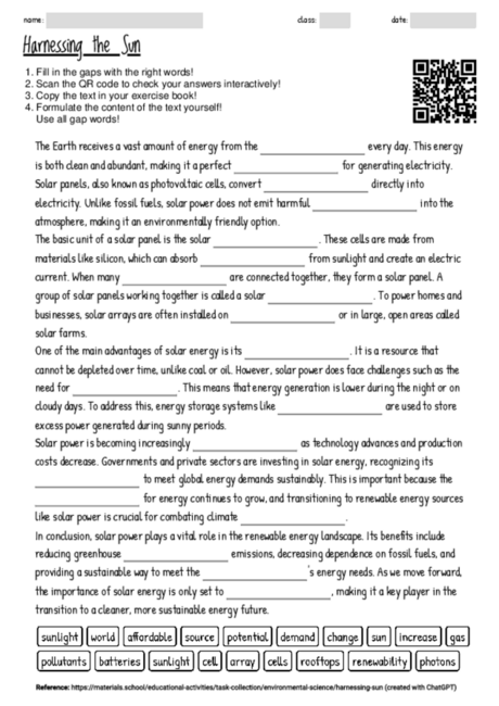 Worksheet with the topic "Harnessing the Sun" | MATERIALS.SCHOOL