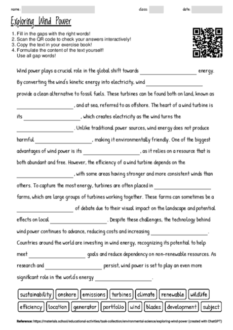 Worksheet with the topic "Exploring Wind Power" | MATERIALS.SCHOOL