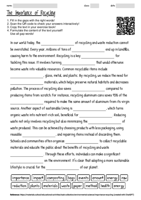 Worksheet with the topic "The Importance of Recycling" | MATERIALS.SCHOOL