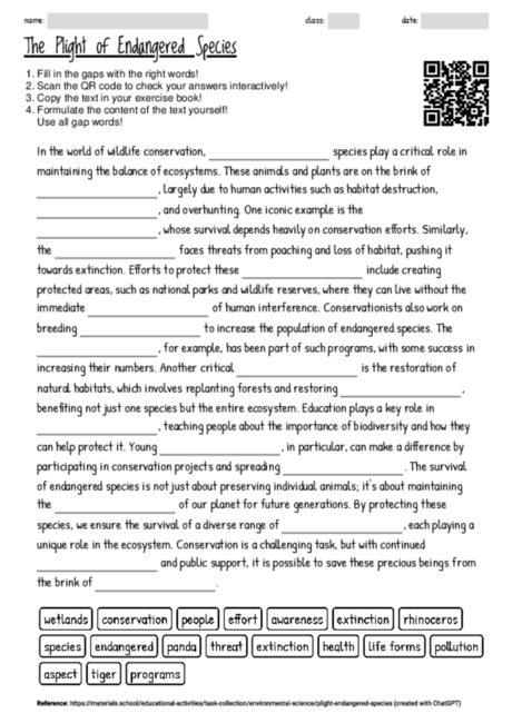Worksheet with the topic "The Plight of Endangered Species" | MATERIALS ...