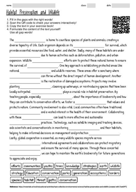 Worksheet with the topic "Habitat Preservation and Wildlife ...