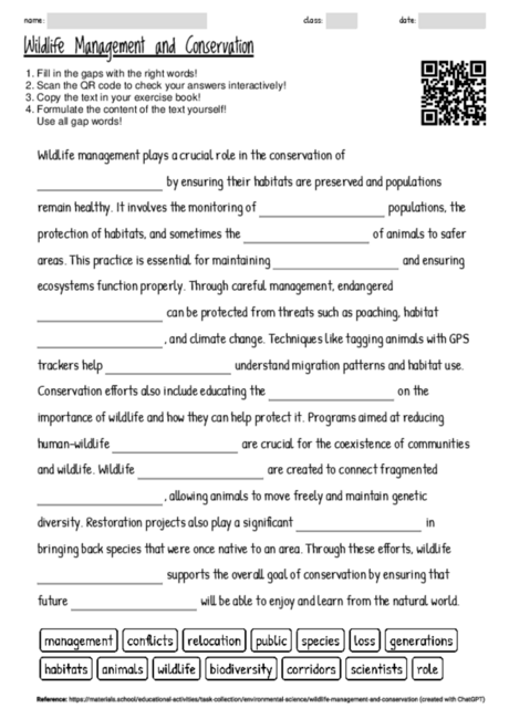 Worksheet with the topic "Wildlife Management and Conservation ...