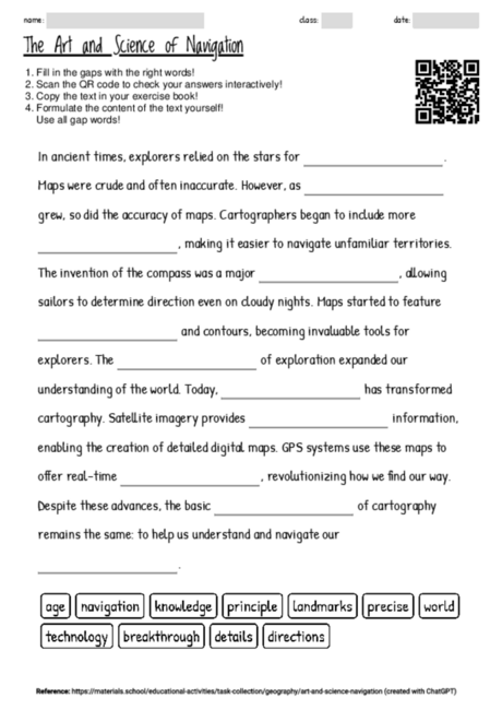 Worksheet with the topic "The Art and Science of Navigation ...