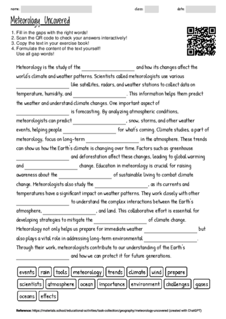 Worksheet with the topic "Meteorology Uncovered" | MATERIALS.SCHOOL