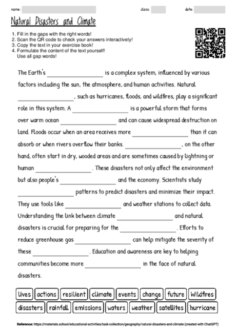 Worksheet with the topic "Natural Disasters and Climate" | MATERIALS.SCHOOL