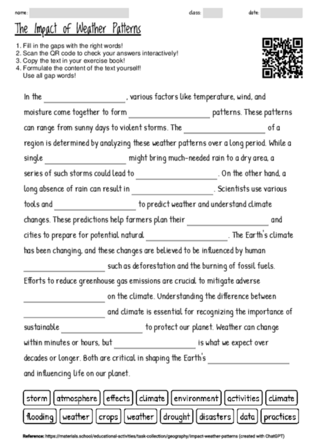 Worksheet with the topic "The Impact of Weather Patterns" | MATERIALS ...