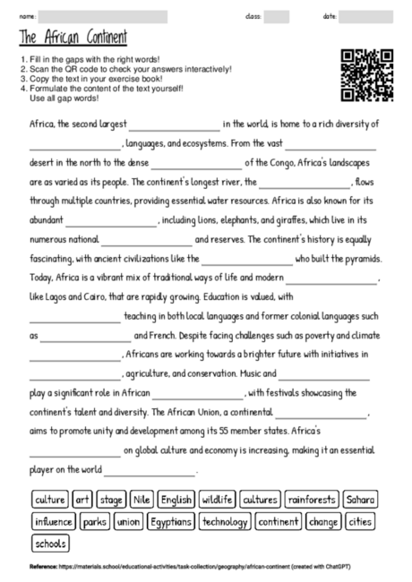Worksheet with the topic "The African Continent" | MATERIALS.SCHOOL
