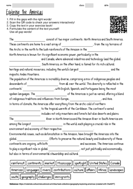 Worksheet with the topic "Exploring the Americas" | MATERIALS.SCHOOL