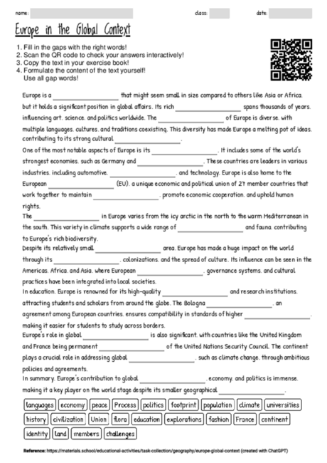 Worksheet with the topic "Europe in the Global Context" | MATERIALS.SCHOOL