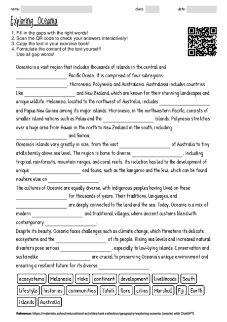 Worksheet with the topic "Exploring Oceania" | MATERIALS.SCHOOL